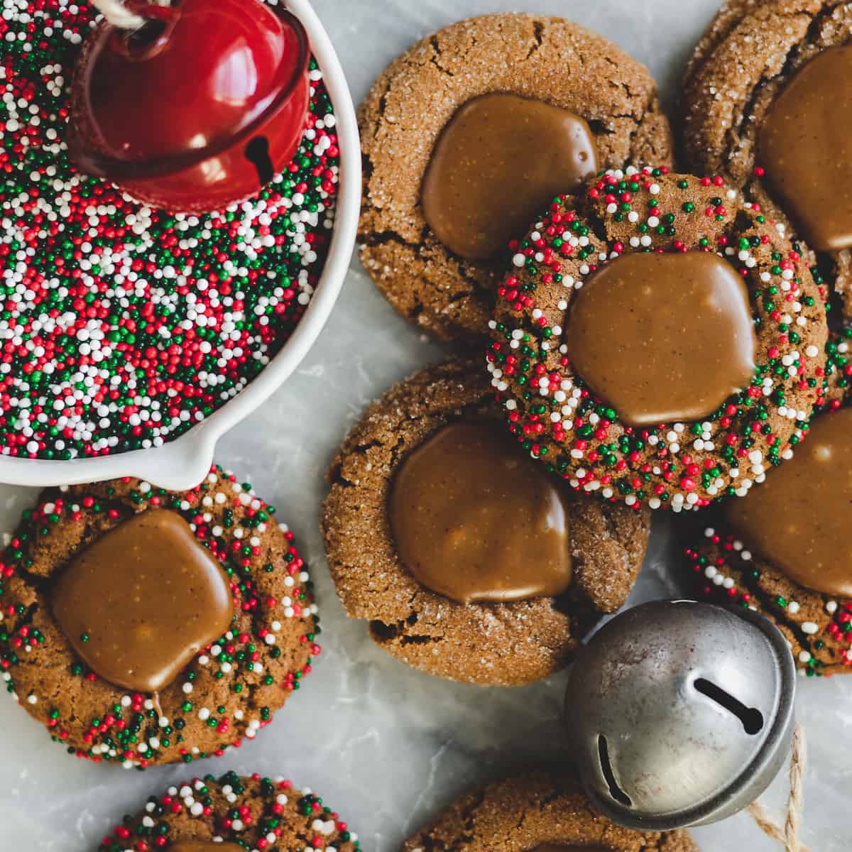 Gingerbread Caramel Thumbprint Cookies - wild thistle kitchen